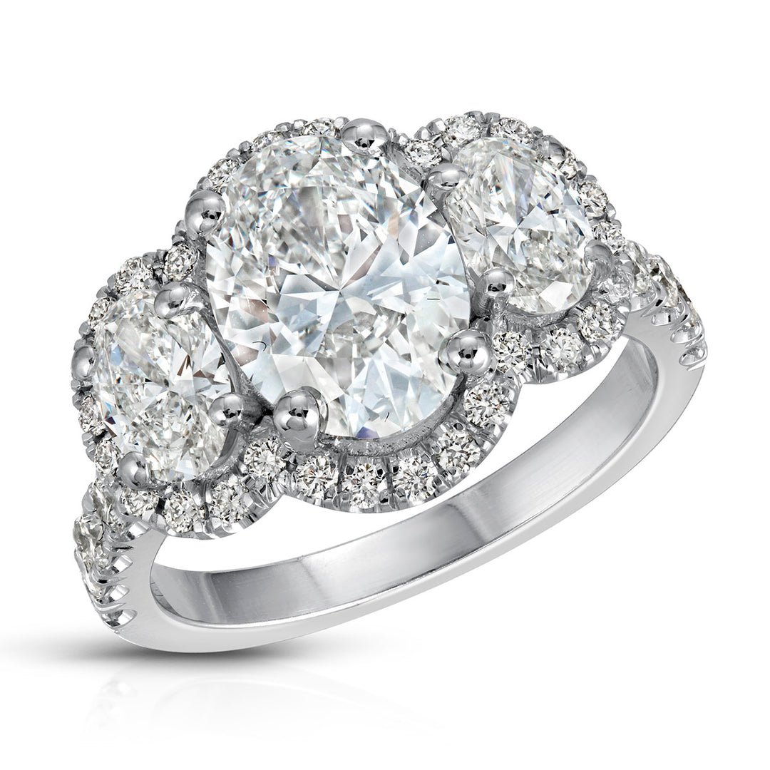 Halo Three Stone Oval Engagement Ring in White Gold | The Better Diamonds